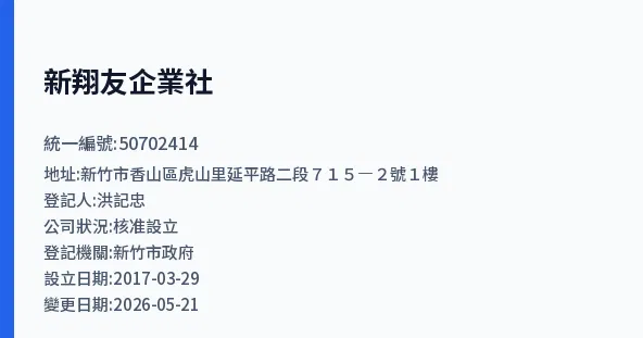 新翔友企業社的照片-統編 50702414(新竹市) 公司登記資料與營業項目詳細圖表