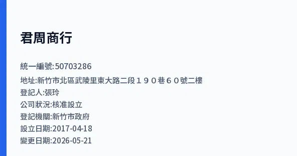 君周商行的照片-統編 50703286(新竹市) 公司登記資料與營業項目詳細圖表