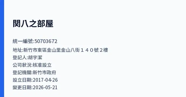 関八之部屋的照片-統編 50703672(新竹市) 公司登記資料與營業項目詳細圖表
