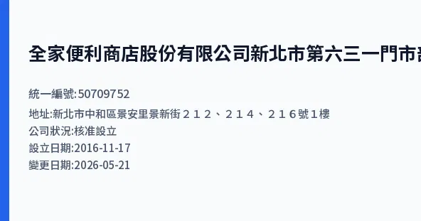 全家便利商店股份有限公司新北市第六三一門市部的照片-統編 50709752(新北市) 公司登記資料與營業項目詳細圖表
