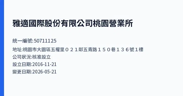 雅適國際股份有限公司桃園營業所的照片-統編 50711125(桃園市) 公司登記資料與營業項目詳細圖表