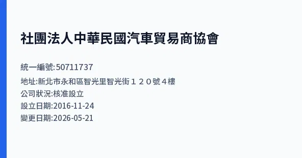 社團法人中華民國汽車貿易商協會的照片-統編 50711737(新北市) 公司登記資料與營業項目詳細圖表