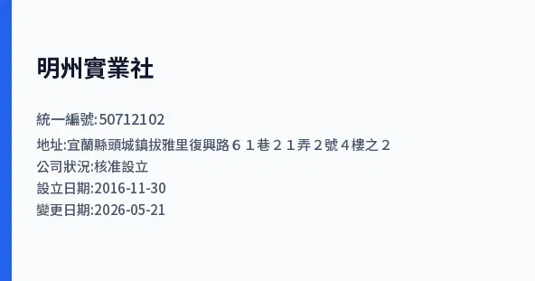 明州實業社的照片-統編 50712102(宜蘭縣) 公司登記資料與營業項目詳細圖表