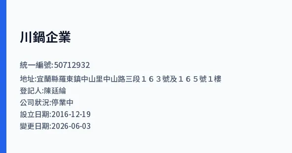 川鍋企業的照片-統編 50712932(宜蘭縣) 公司登記資料與營業項目詳細圖表