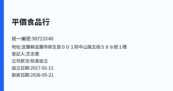 平價食品行的照片-統編 50713340(宜蘭縣) 公司登記資料與營業項目詳細圖表