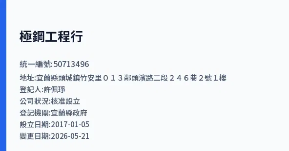 極鋼工程行的照片-統編 50713496(宜蘭縣) 公司登記資料與營業項目詳細圖表