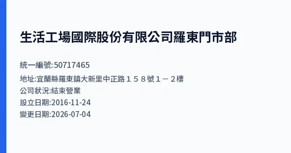 生活工場國際股份有限公司羅東門市部的照片-統編 50717465(宜蘭縣) 公司登記資料與營業項目詳細圖表