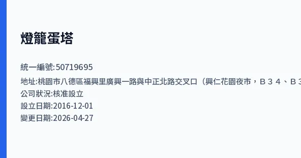 燈籠蛋塔的照片-統編 50719695(桃園市) 公司登記資料與營業項目詳細圖表