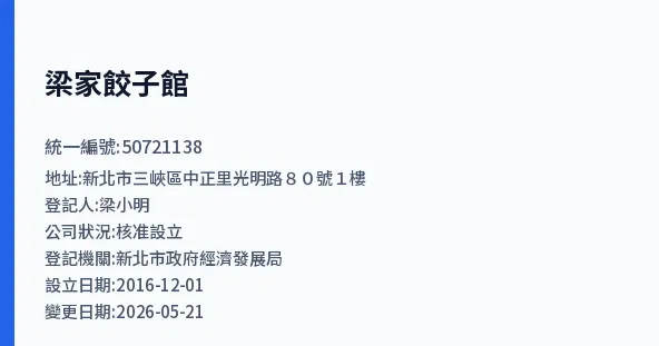 梁家餃子館的照片-統編 50721138(新北市) 公司登記資料與營業項目詳細圖表