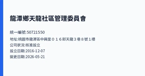 龍潭鄉天龍社區管理委員會的照片-統編 50721550(桃園市) 公司登記資料與營業項目詳細圖表