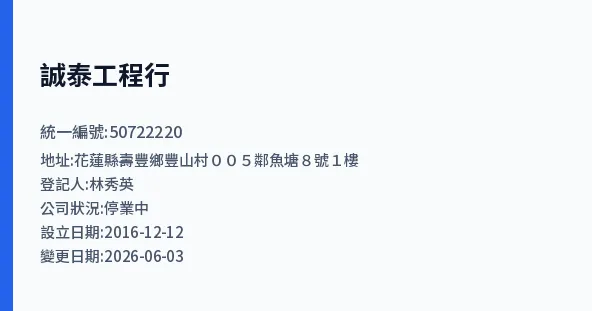 誠泰工程行的照片-統編 50722220(花蓮縣) 公司登記資料與營業項目詳細圖表