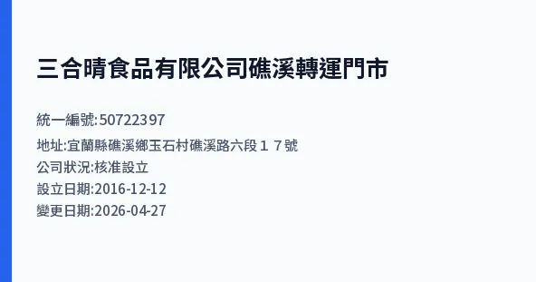 三合晴食品有限公司礁溪轉運門市的照片-統編 50722397(宜蘭縣) 公司登記資料與營業項目詳細圖表