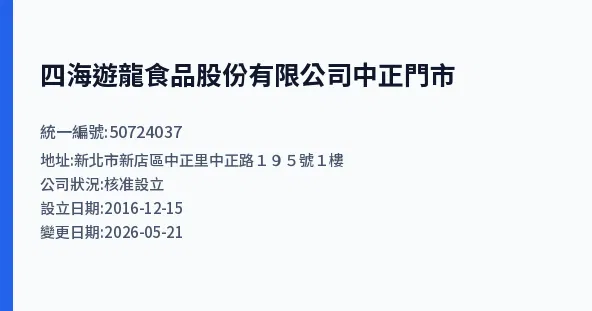 四海遊龍食品股份有限公司中正門市的照片-統編 50724037(新北市) 公司登記資料與營業項目詳細圖表