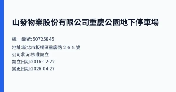 山發物業股份有限公司重慶公園地下停車場的照片-統編 50725845(新北市) 公司登記資料與營業項目詳細圖表