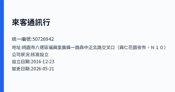 來客通訊行的照片-統編 50726942(桃園市) 公司登記資料與營業項目詳細圖表