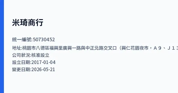 米琦商行的照片-統編 50730452(桃園市) 公司登記資料與營業項目詳細圖表