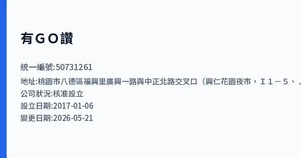 有GO讚的照片-統編 50731261(桃園市) 公司登記資料與營業項目詳細圖表