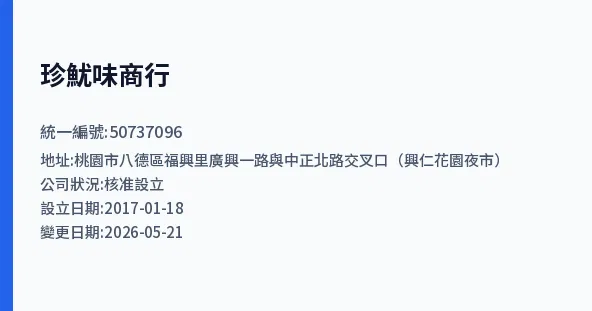 珍魷味商行的照片-統編 50737096(桃園市) 公司登記資料與營業項目詳細圖表