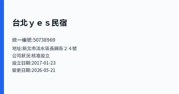 台北yes民宿的照片-統編 50738969(新北市) 公司登記資料與營業項目詳細圖表
