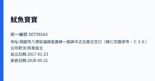 魷魚寶寶的照片-統編 50739263(桃園市) 公司登記資料與營業項目詳細圖表