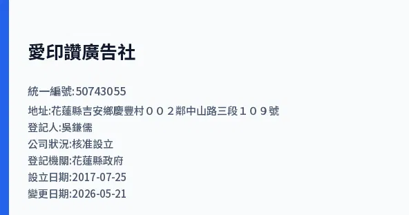 愛印讚廣告社的照片-統編 50743055(花蓮縣) 公司登記資料與營業項目詳細圖表