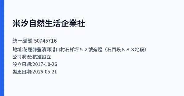 米汐自然生活企業社的照片-統編 50745716(花蓮縣) 公司登記資料與營業項目詳細圖表