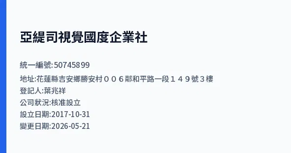 亞緹司視覺國度企業社的照片-統編 50745899(花蓮縣) 公司登記資料與營業項目詳細圖表