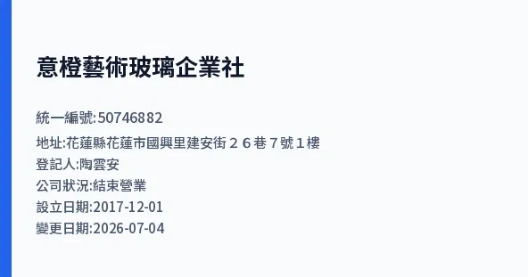 意橙藝術玻璃企業社的照片-統編 50746882(花蓮縣) 公司登記資料與營業項目詳細圖表