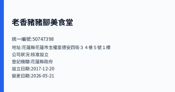 老香豬豬腳美食堂的照片-統編 50747398(花蓮縣) 公司登記資料與營業項目詳細圖表