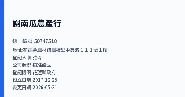 謝南瓜農產行的照片-統編 50747518(花蓮縣) 公司登記資料與營業項目詳細圖表