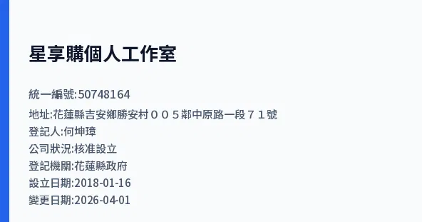 星享購個人工作室的照片-統編 50748164(花蓮縣) 公司登記資料與營業項目詳細圖表