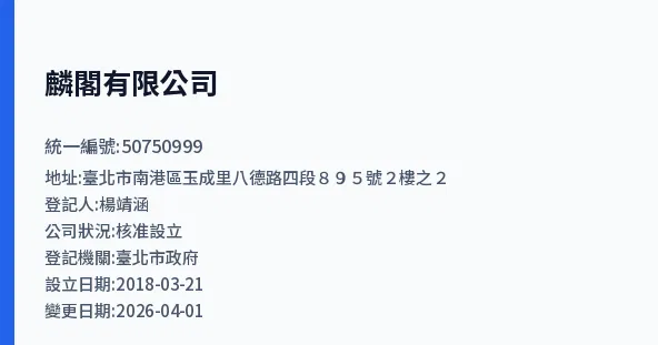 麟閣有限公司的照片-統編 50750999(臺北市) 公司登記資料與營業項目詳細圖表