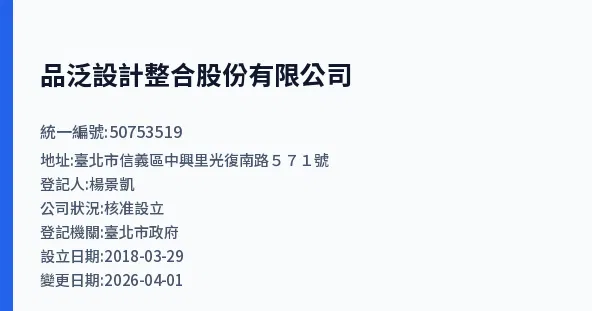 品泛設計整合股份有限公司的照片-統編 50753519(臺北市) 公司登記資料與營業項目詳細圖表