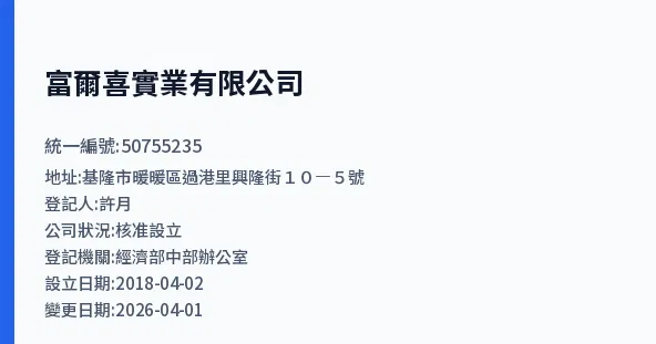 富爾喜實業有限公司的照片-統編 50755235(基隆市) 公司登記資料與營業項目詳細圖表