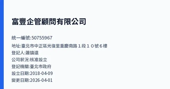 富豐企管顧問有限公司的照片-統編 50755967(臺北市) 公司登記資料與營業項目詳細圖表