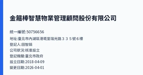 金箍棒智慧物業管理顧問股份有限公司的照片-統編 50756656(臺北市) 公司登記資料與營業項目詳細圖表