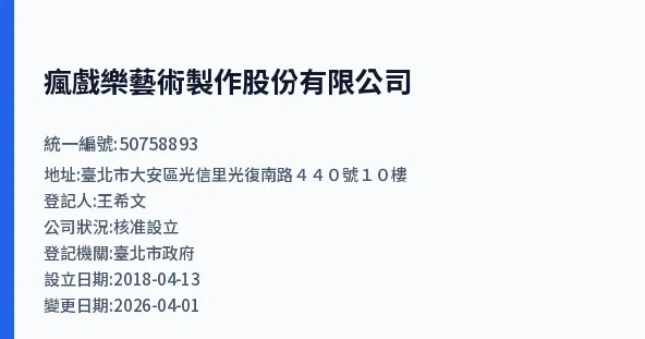 瘋戲樂藝術製作股份有限公司的照片-統編 50758893(臺北市) 公司登記資料與營業項目詳細圖表