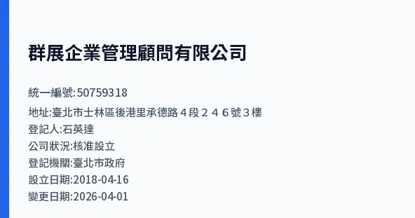 群展企業管理顧問有限公司的照片-統編 50759318(臺北市) 公司登記資料與營業項目詳細圖表