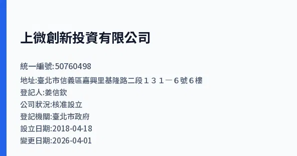 上微創新投資有限公司的照片-統編 50760498(臺北市) 公司登記資料與營業項目詳細圖表