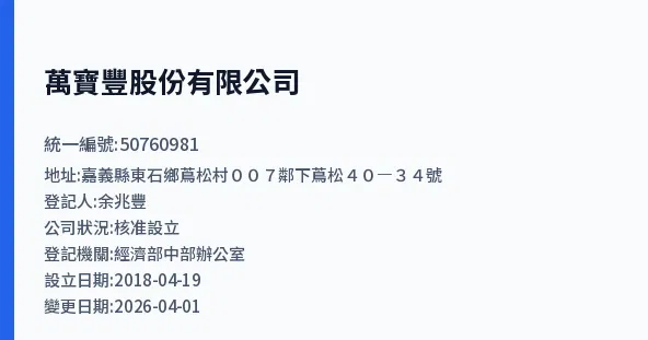 萬寶豐股份有限公司的照片-統編 50760981(嘉義縣) 公司登記資料與營業項目詳細圖表