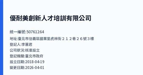 優耐美創新人才培訓有限公司的照片-統編 50761264(臺北市) 公司登記資料與營業項目詳細圖表