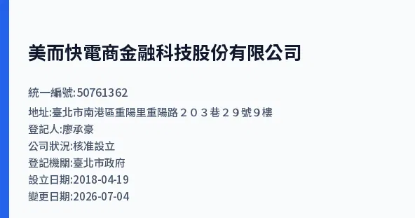 美而快電商金融科技股份有限公司的照片-統編 50761362(臺北市) 公司登記資料與營業項目詳細圖表