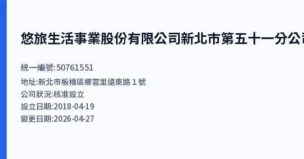 悠旅生活事業股份有限公司新北市第五十一分公司的照片-統編 50761551(新北市) 公司登記資料與營業項目詳細圖表