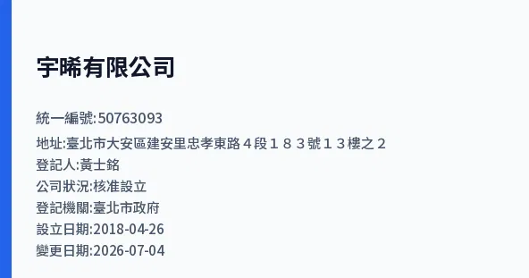 宇晞有限公司的照片-統編 50763093(臺北市) 公司登記資料與營業項目詳細圖表