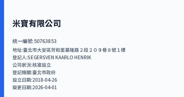 米寶有限公司的照片-統編 50763853(臺北市) 公司登記資料與營業項目詳細圖表