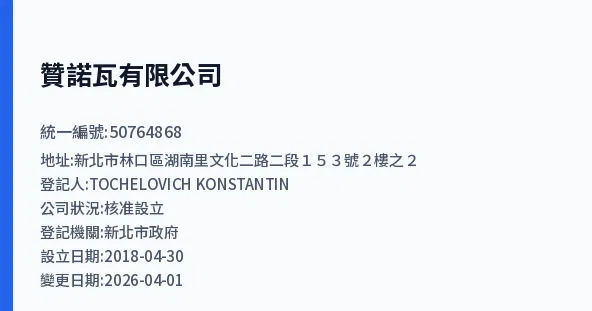 贊諾瓦有限公司的照片-統編 50764868(新北市) 公司登記資料與營業項目詳細圖表
