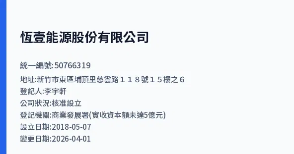 恆壹能源股份有限公司的照片-統編 50766319(新竹市) 公司登記資料與營業項目詳細圖表