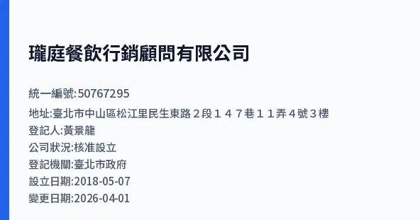 瓏庭餐飲行銷顧問有限公司的照片-統編 50767295(臺北市) 公司登記資料與營業項目詳細圖表