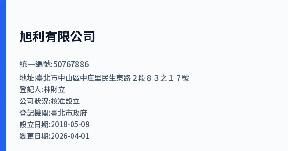 旭利有限公司的照片-統編 50767886(臺北市) 公司登記資料與營業項目詳細圖表