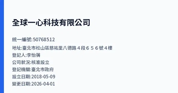 全球一心科技有限公司的照片-統編 50768512(臺北市) 公司登記資料與營業項目詳細圖表